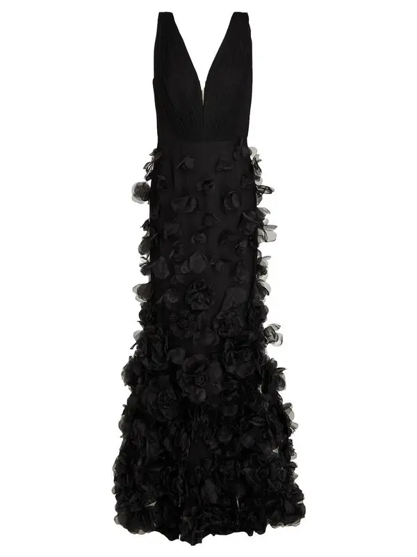 Marchesa Appliquéd Pintucked Organza Gown - Black