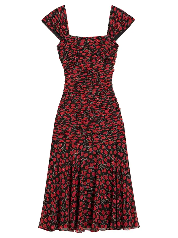 MIKAEL AGHAL Ruched Floral-print Chiffon Midi Dress - Red