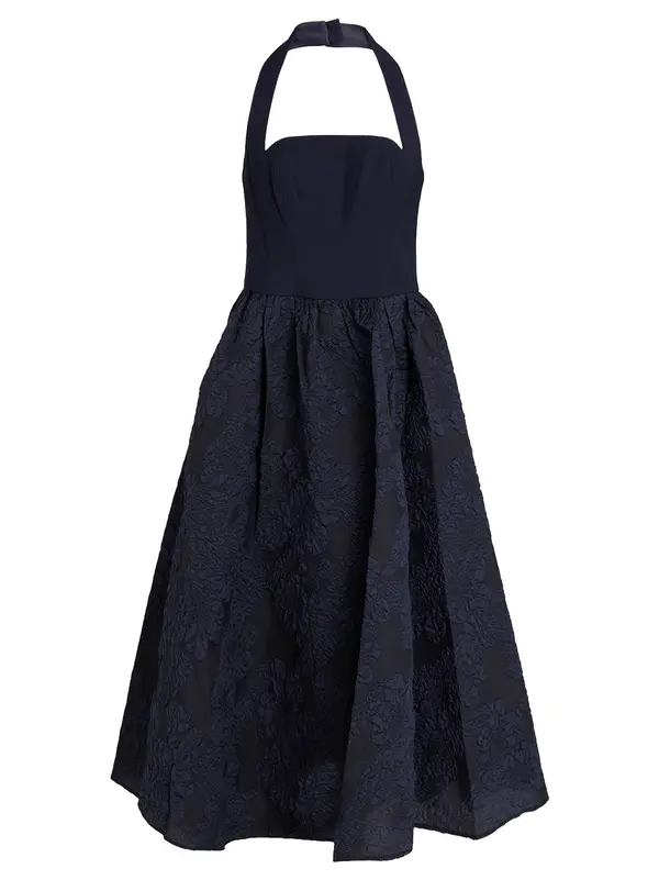 Marchesa Cloqué And Crepe Halterneck Midi Dress - Navy