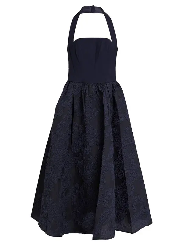 Marchesa Cloqué And Crepe Halterneck Midi Dress - Navy