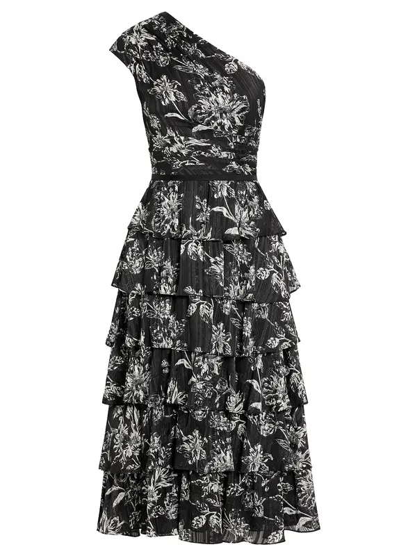 MIKAEL AGHAL One-shoulder Floral-print Jacquard Midi Dress - Black