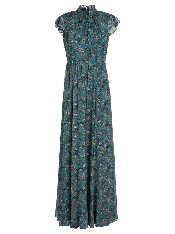 MIKAEL AGHAL Ruffled Floral-print Crepon Maxi Dress - Grey Green