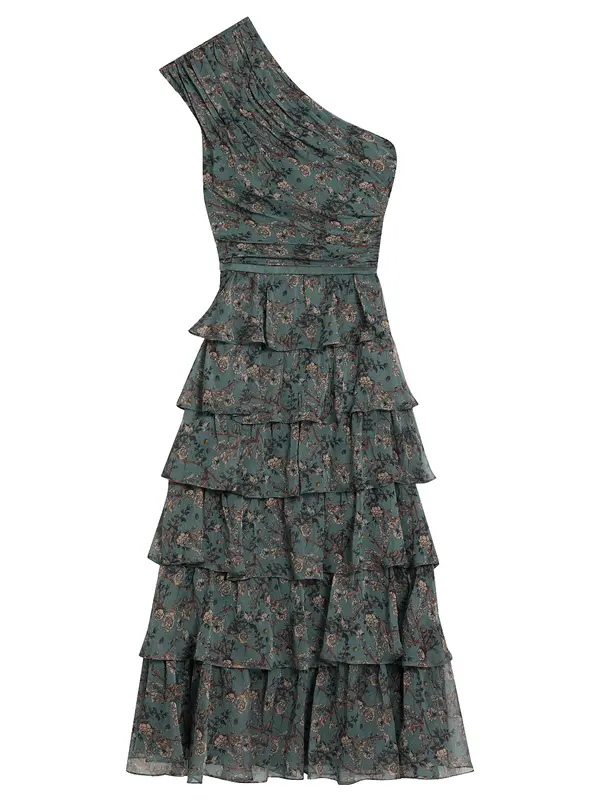 MIKAEL AGHAL One-shoulder Ruffled Floral-print Georgette Midi Dress - Grey Green
