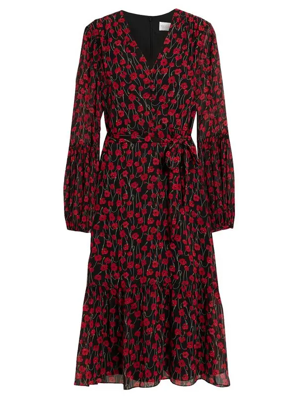 MIKAEL AGHAL Belted Floral-print Chiffon Midi Dress - Red