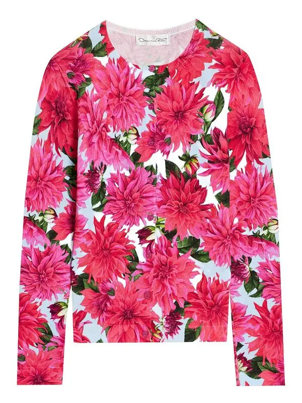 Oscar De La Renta Floral-print Cotton-blend Cardigan - Fuchsia