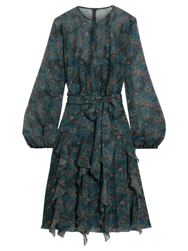 MIKAEL AGHAL Ruffled Floral-print Chiffon Dress - Grey Green