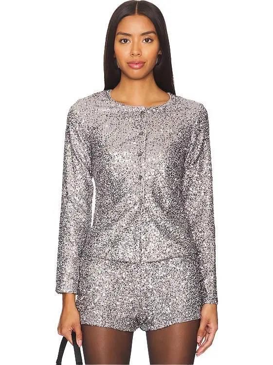 NEVER FULLY DRESSED Alexa Sequin Cardigan In Metallic Silver - Gunmetal
