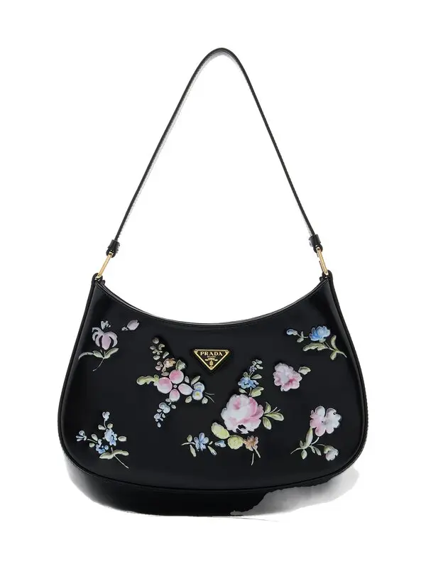 Prada Cleo Printed Leather Shoulder Bag - Black