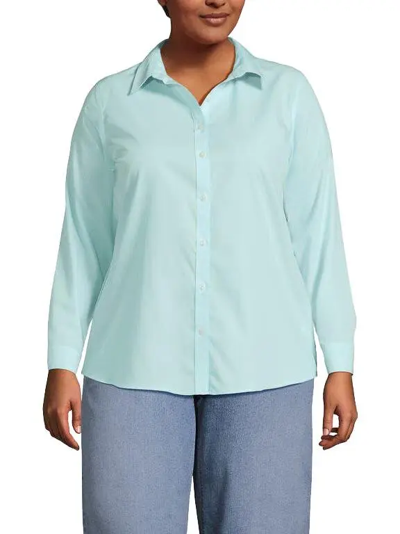 LANDS' END No Iron Supima Cotton Long Sleeve Shirt - Bright Aqua Breeze Mini Stripe