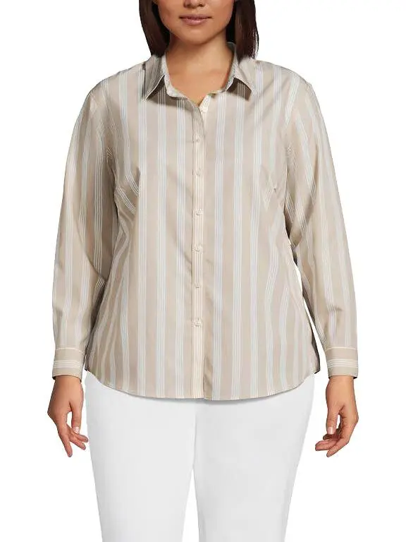 LANDS' END No Iron Supima Cotton Long Sleeve Shirt - Champagne Quad Stripe