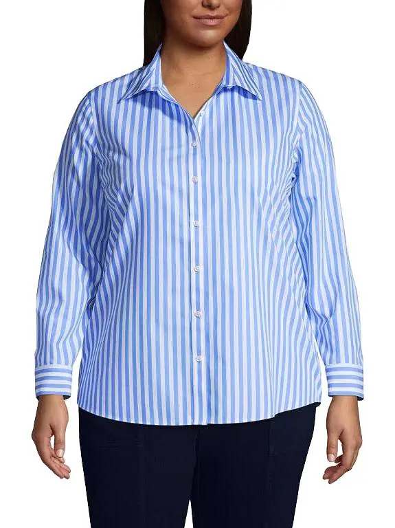 LANDS' END No Iron Button-front Shirt - Chicory Blue Stripe