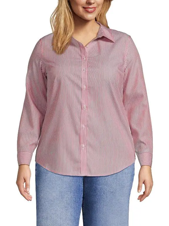 LANDS' END No Iron Supima Cotton Long Sleeve Shirt - Coral Red Fine Stripes