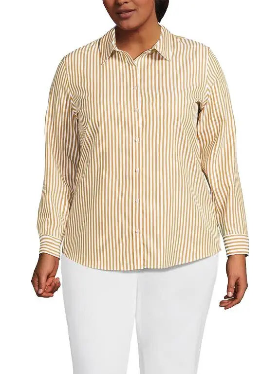 LANDS' END No Iron Supima Cotton Long Sleeve Shirt - Dijon Gold/white Stripe