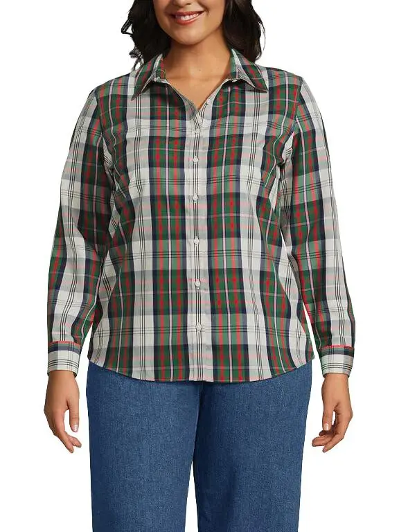 LANDS' END No Iron Supima Cotton Long Sleeve Shirt - Ivor/red Multi Color Plaid