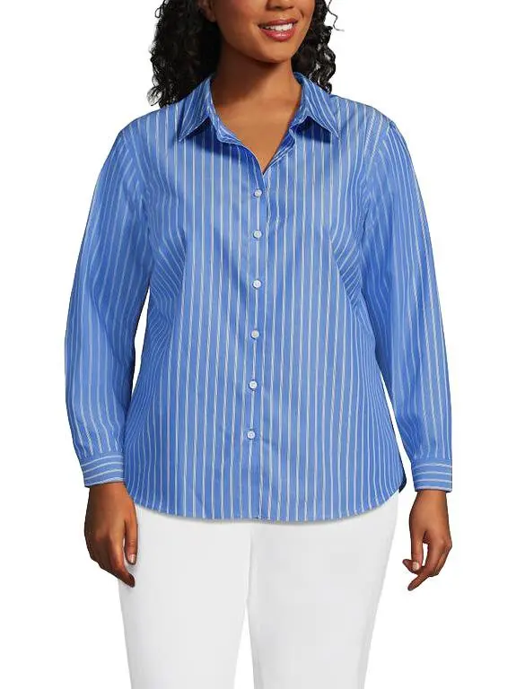 LANDS' END No Iron Supima Cotton Long Sleeve Shirt - Muted Cobalt Crisp Stripe