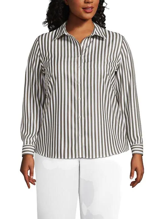 LANDS' END No Iron Supima Cotton Long Sleeve Shirt - Olive Drab/white Stripe