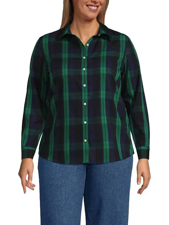 LANDS' END No Iron Button-front Shirt - Rich Clover/navy Plaid