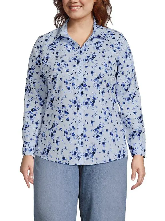 LANDS' END No Iron Supima Cotton Long Sleeve Shirt - Serene Blue Poetic Floral