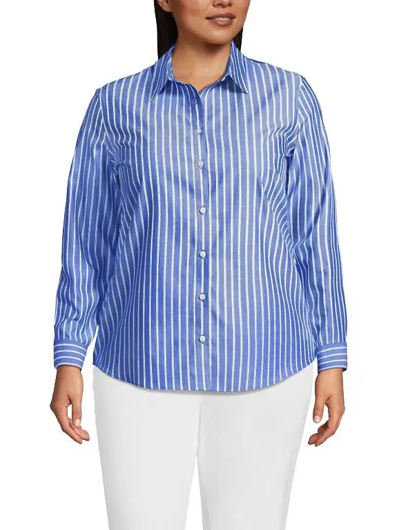 LANDS' END No Iron Supima Cotton Long Sleeve Shirt - Vibrant Lapis/ice Blue Stripe
