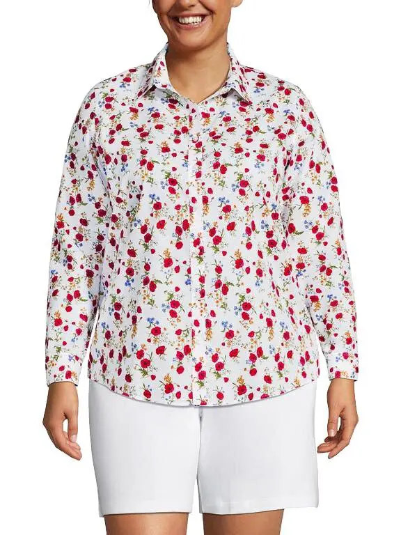LANDS' END No Iron Supima Cotton Long Sleeve Shirt - White Multi Poppy Floral