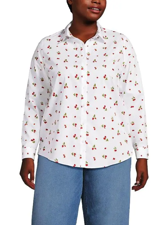 LANDS' END No Iron Button-front Shirt - White Strawberries