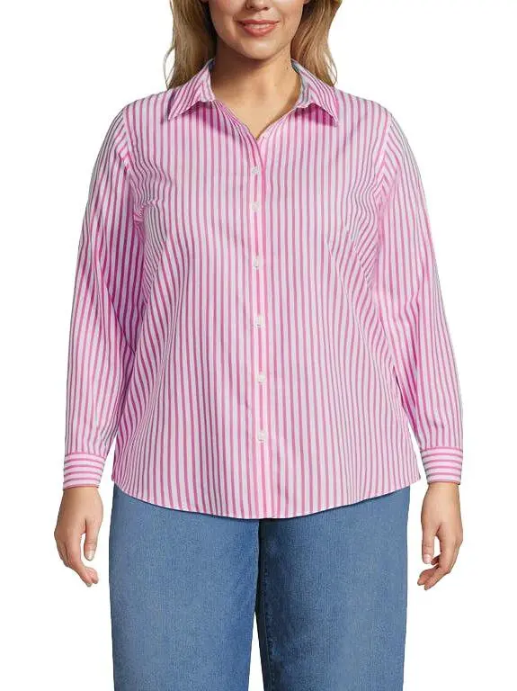 LANDS' END No Iron Supima Cotton Long Sleeve Shirt - White/apple Blossom Stripe