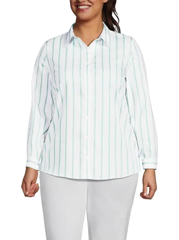 LANDS' END No Iron Button-front Shirt - White/aqua Classic Stripe