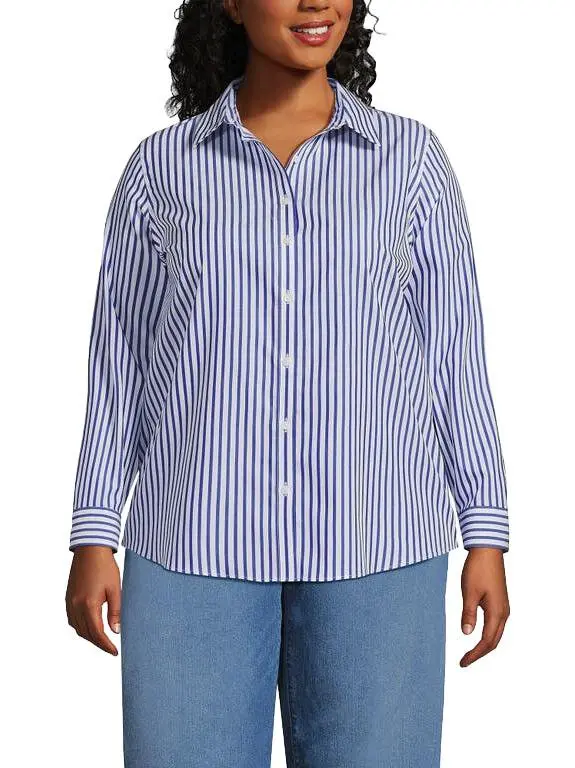 LANDS' END No Iron Supima Cotton Long Sleeve Shirt - White/cobalt Blue Stripe
