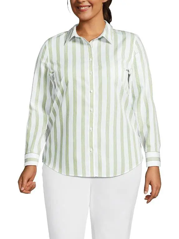 LANDS' END No Iron Supima Cotton Long Sleeve Shirt - White/winter Pear Quad Stripe