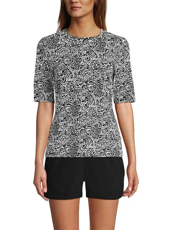 LANDS' END Upf 50 Elbow Sleeve Rash Guard - Black/white Decor Paisley
