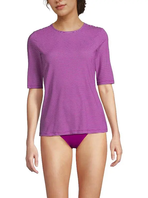 LANDS' END Upf 50 Elbow Sleeve Rash Guard - Crimson Rose Mini Stripe