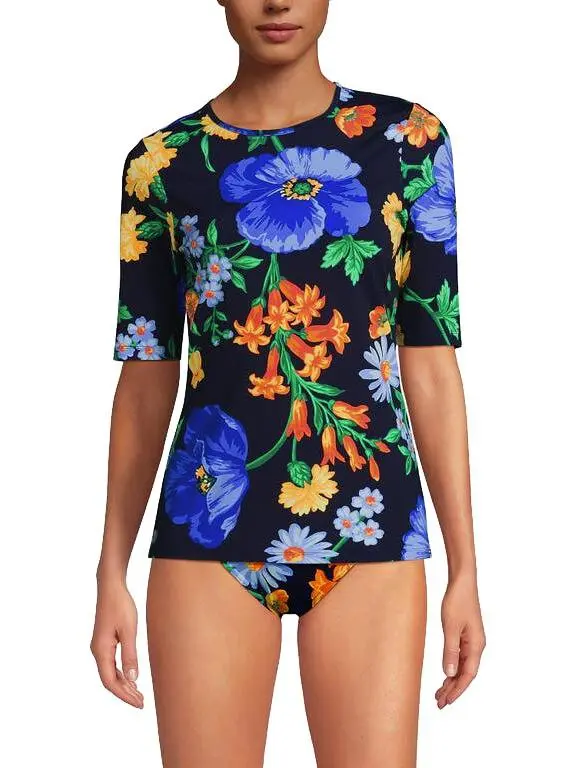 LANDS' END Upf 50 Elbow Sleeve Rash Guard - Navy/exploded Poppy Floral