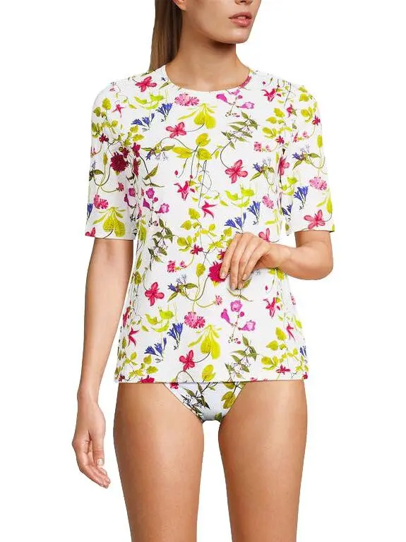 LANDS' END Upf 50 Elbow Sleeve Rash Guard - White Multi Garden Floral