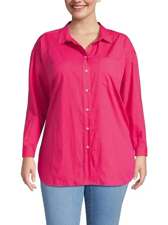 LANDS' END Cotton Voile Billowy Oversized Shirt - Hot Pink