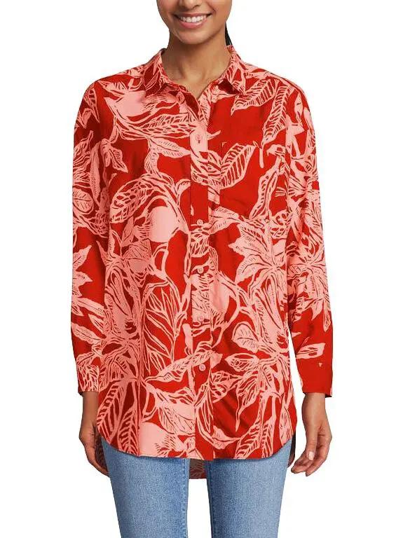 LANDS' END Cotton Voile Billowy Oversized Shirt - Mandarin Orange Etched Leaves