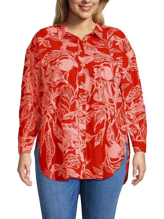 LANDS' END Cotton Voile Billowy Oversized Shirt - Mandarin Orange Etched Leaves