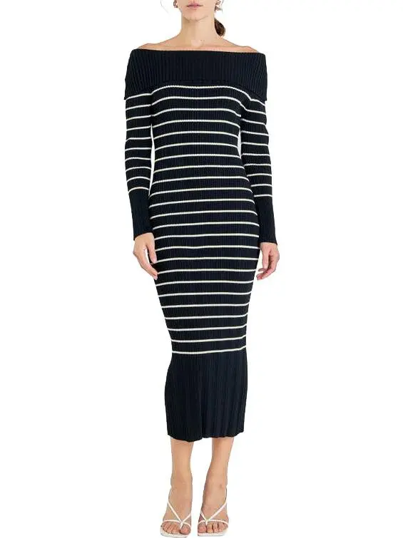Endless Rose Stripe Off-the-shoulder Sweater Dress - Black Striped