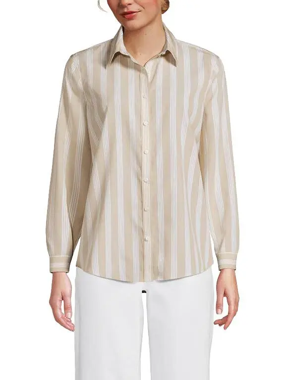 LANDS' END No Iron Supima Cotton Long Sleeve Shirt - Champagne Quad Stripe