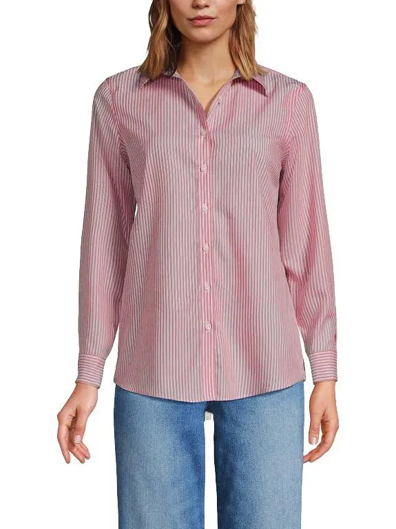 LANDS' END No Iron Supima Cotton Long Sleeve Shirt - Coral Red Fine Stripes