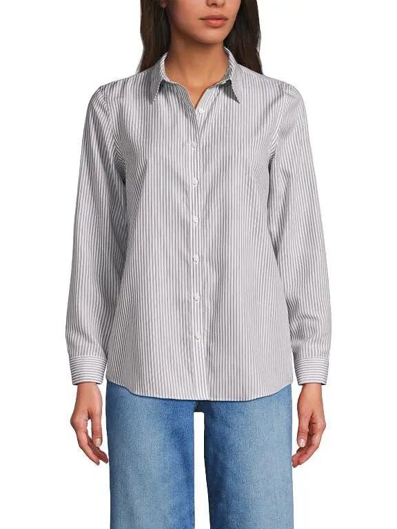 LANDS' END No Iron Supima Cotton Long Sleeve Shirt - Dark Walnut Brown Stripes