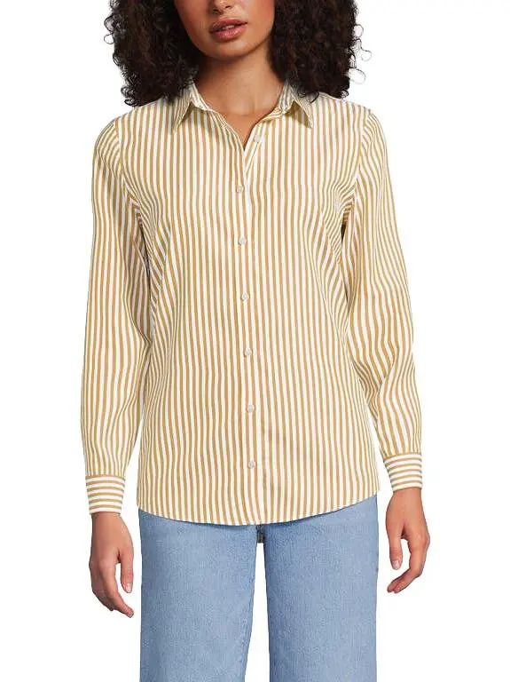LANDS' END No Iron Supima Cotton Long Sleeve Shirt - Dijon Gold/white Stripe