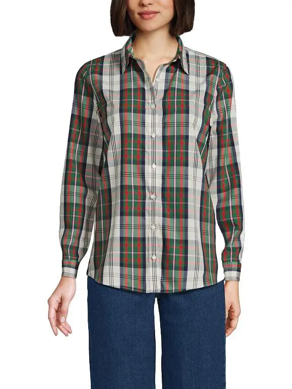 LANDS' END No Iron Supima Cotton Long Sleeve Shirt - Ivor/red Multi Color Plaid