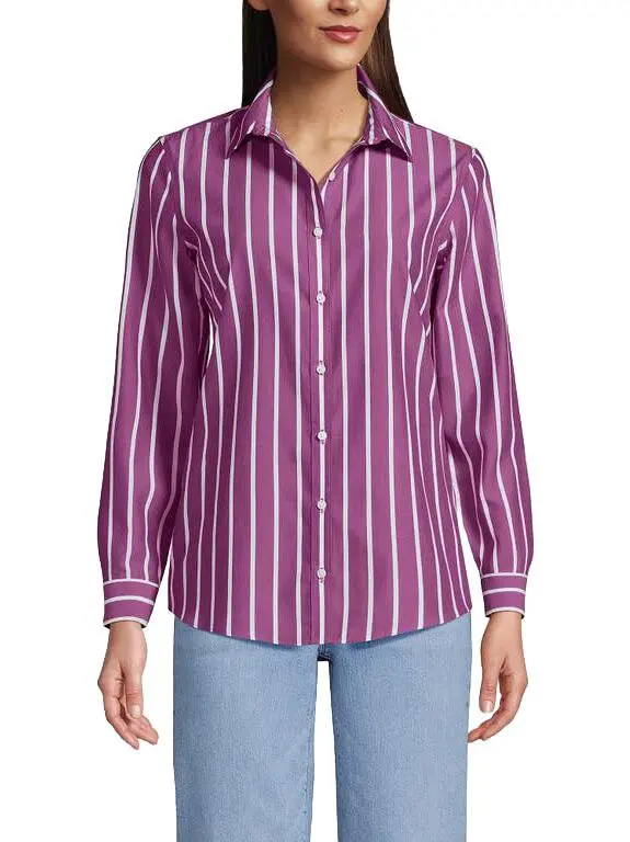 LANDS' END No Iron Supima Cotton Long Sleeve Shirt - Light Raspberry/white Stripe
