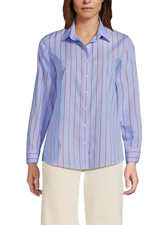 LANDS' END No Iron Supima Cotton Long Sleeve Shirt - Light Sea Blue Rail Stripe