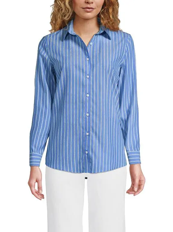 LANDS' END No Iron Supima Cotton Long Sleeve Shirt - Muted Cobalt Crisp Stripe