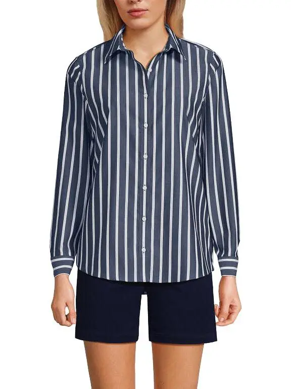 LANDS' END No Iron Supima Cotton Long Sleeve Shirt - Navy/white Dual Stripe