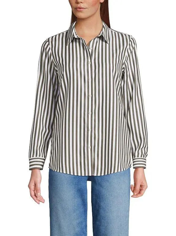 LANDS' END No Iron Supima Cotton Long Sleeve Shirt - Olive Drab/white Stripe