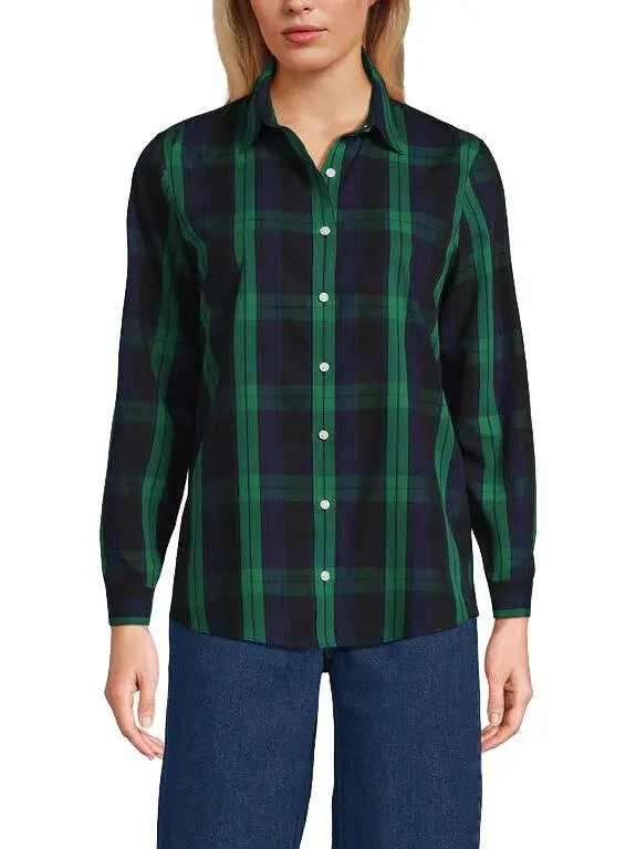 LANDS' END No Iron Supima Cotton Long Sleeve Shirt - Rich Clover/navy Plaid