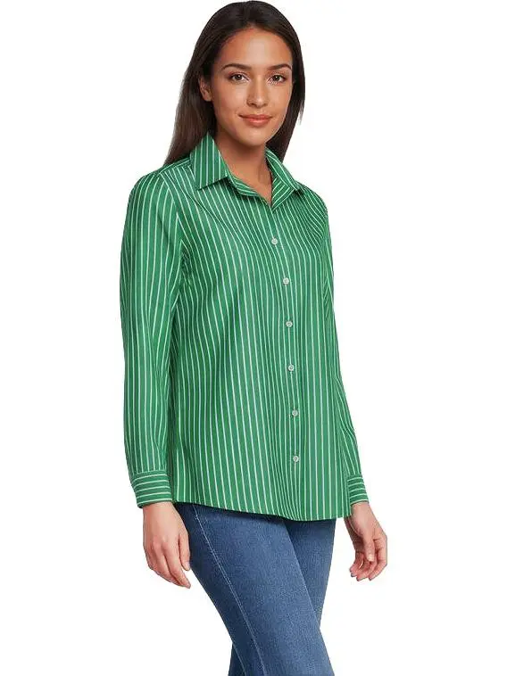LANDS' END No Iron Supima Cotton Long Sleeve Shirt - Vibrant Clover Stripe