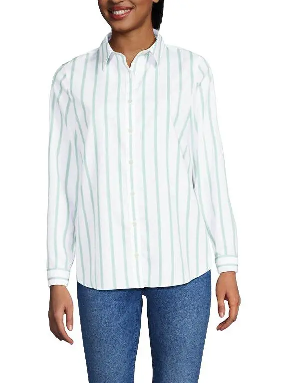 LANDS' END No Iron Supima Cotton Long Sleeve Shirt - White/aqua Classic Stripe